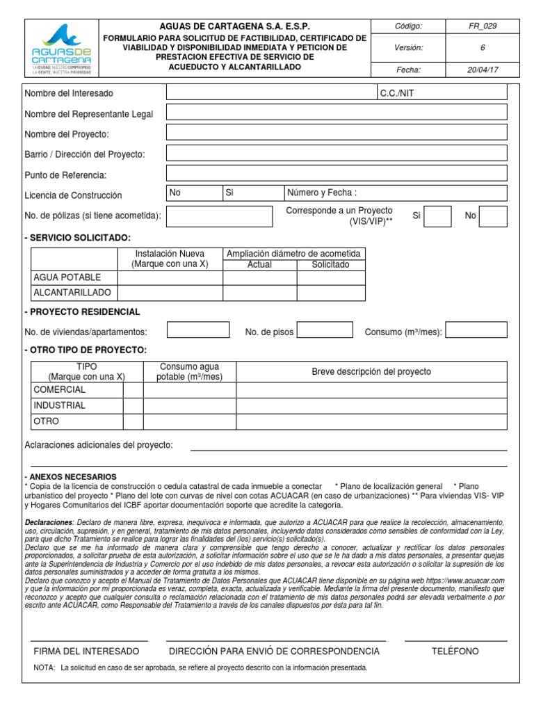 FR - 029 Formulario Solicitud Agua Potable y Alcantarillado 2018 - 1 | PDF | Agua