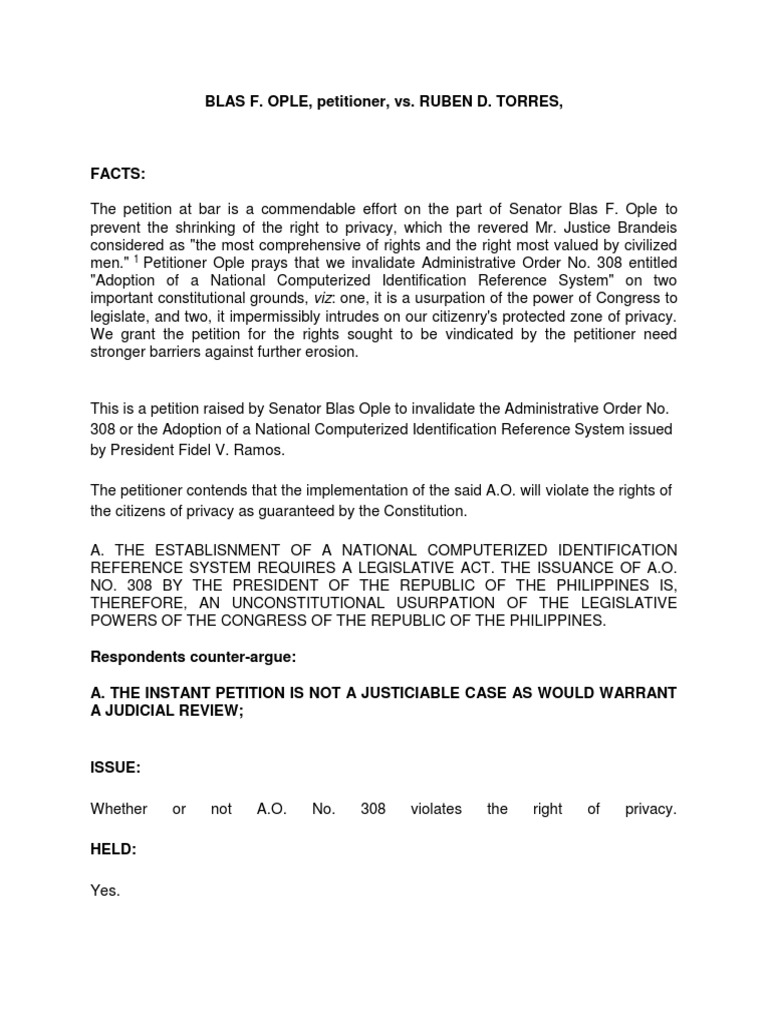 Senator Ople Petition to Invalidate A.O. No. 308 Cites Privacy ...