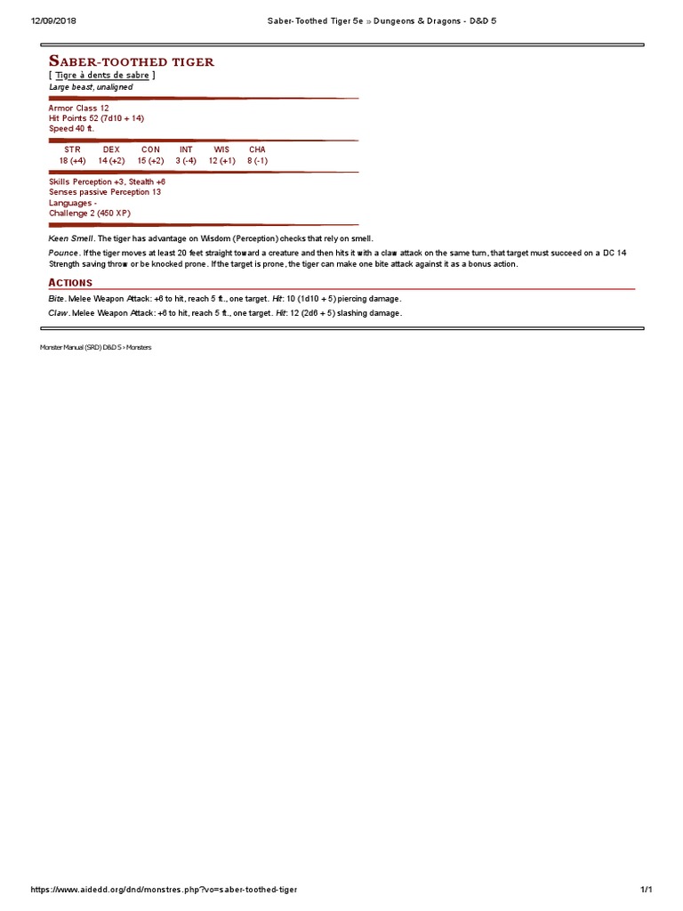 Saber-Toothed Tiger 5e Dungeons & Dragons - D&D 5 | PDF | Fantasy ...