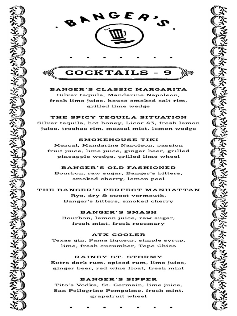 Banger's Cocktail Menu 2018-10-11 | PDF | Cooking, Food & Wine