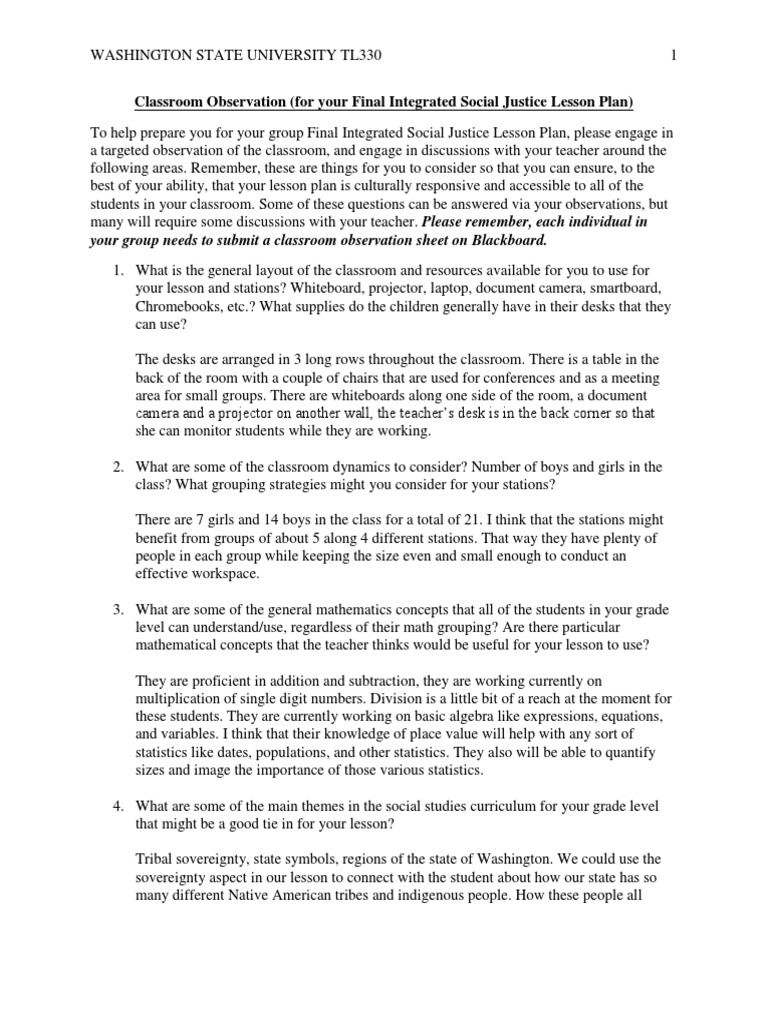 Classroom Observation (For Your Final Integrated Social Justice Lesson ...