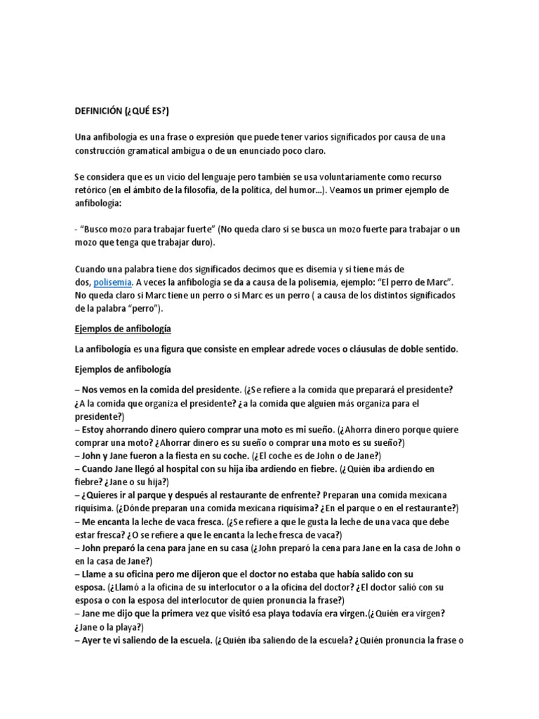 Definición y ejemplos de anfibología | PDF