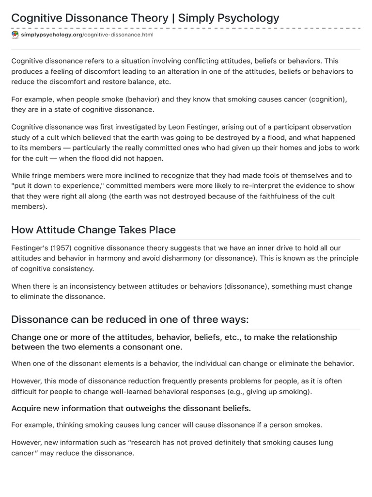 Cognitive Dissonance Theory | PDF | Attitude (Psychology) | Metaphysics ...