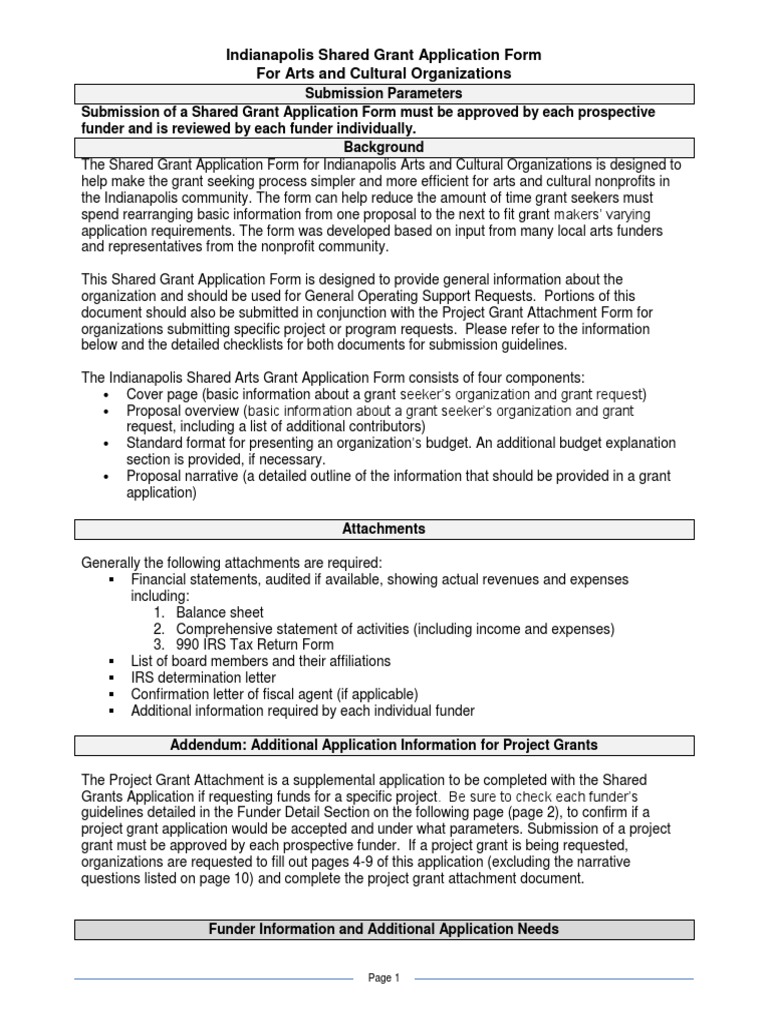 Indianapolis Shared Grant Application Form For Arts and Cultural ...
