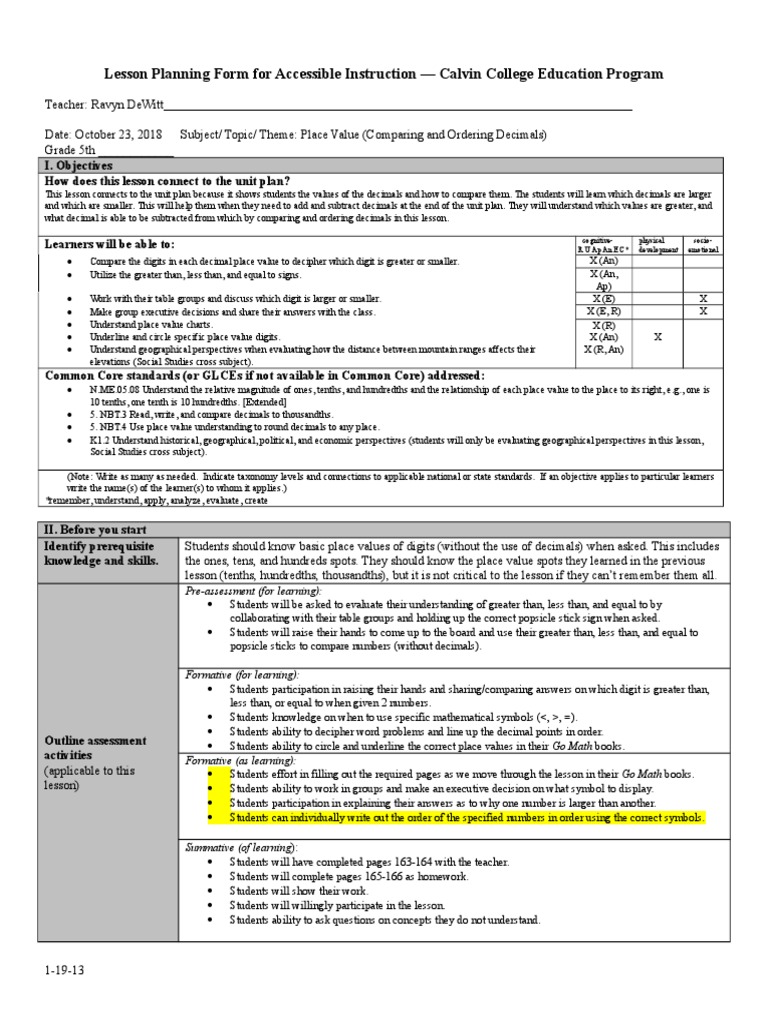 Lesson 3 Unit Plan | PDF | Teachers | Educational Assessment