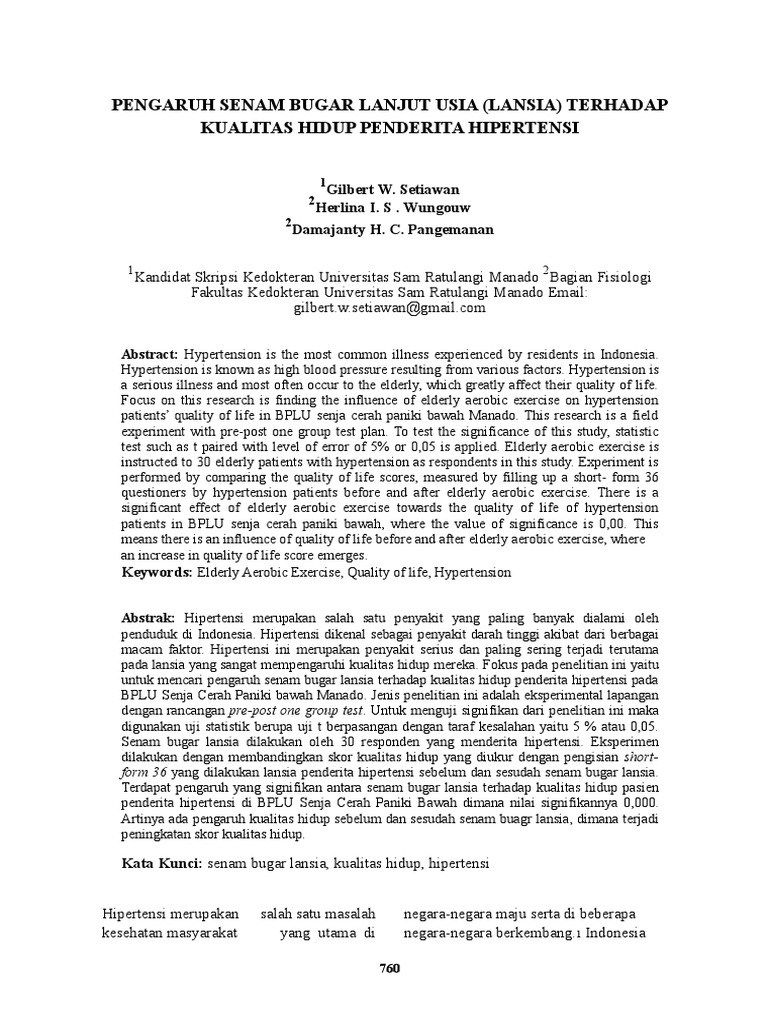 Pengaruh Senam Bugar Lanjut Usia (Lansia) Terhadap Kualitas Hidup Penderita Hipertensi | PDF