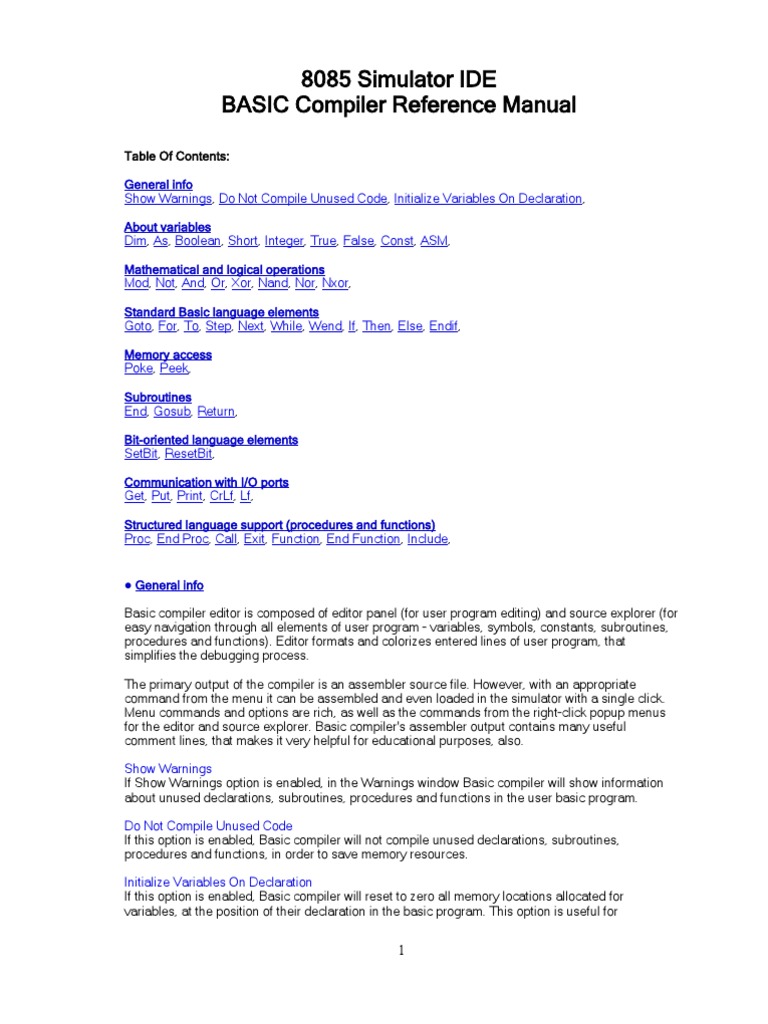8085 Basic Compiler Reference Manual Subroutine Variable Computer Science
