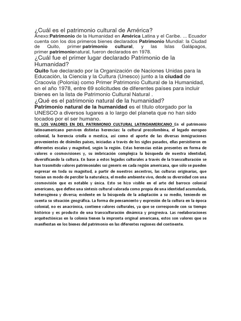 Cuál Es El Patrimonio Cultural de América | PDF | Patrimonio de la ...