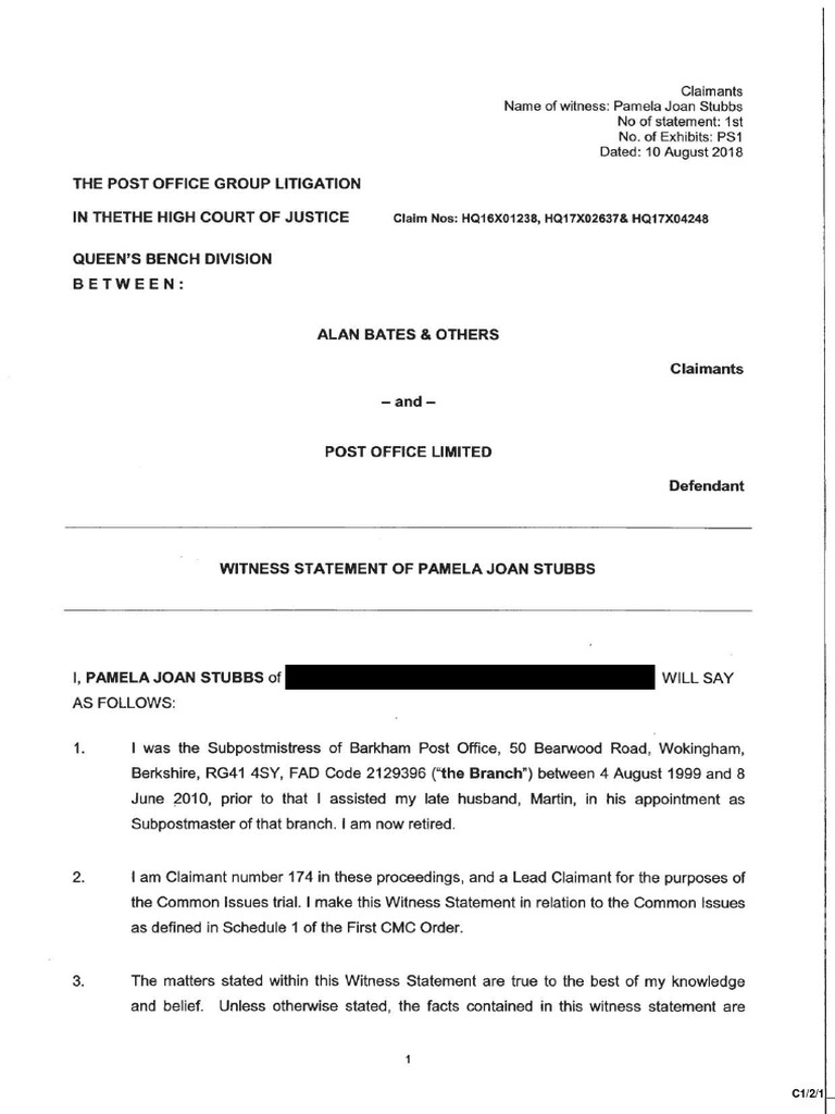 Bates V Post Office: Pam Stubbs Witness Statement | PDF | United States ...