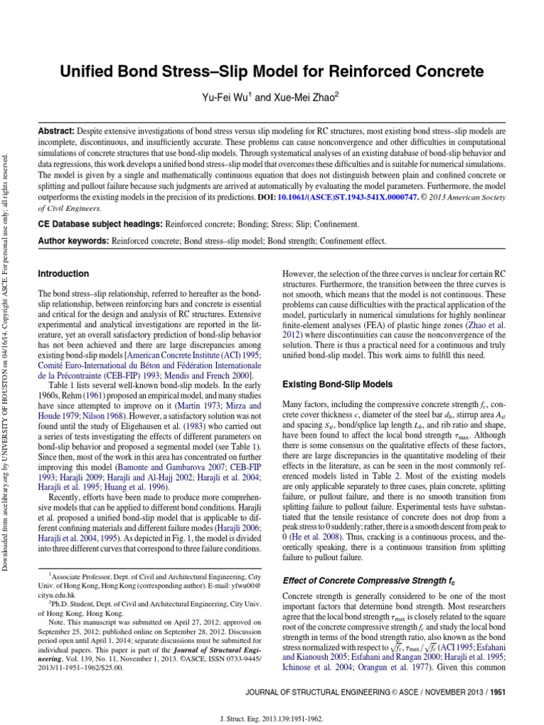 Unified Bond Stress-Slip Model For Reinforced Concrete - Wu Et Al | PDF ...