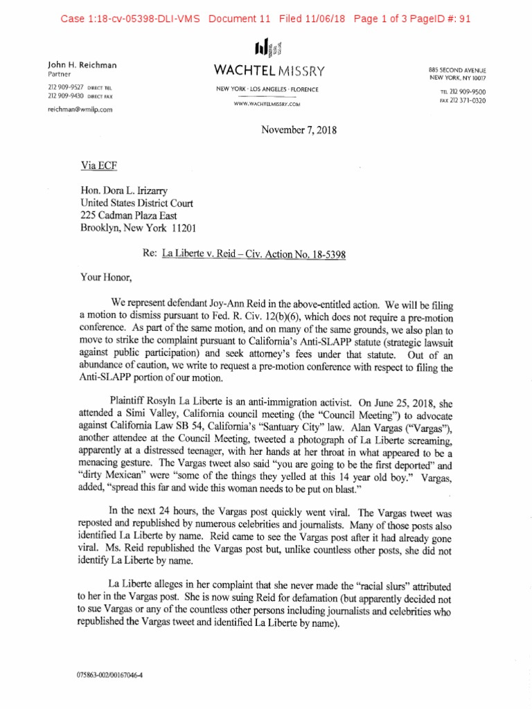 11-7-18 Letter To Judge Irizarry Requesting Pre-Motion Conference ...