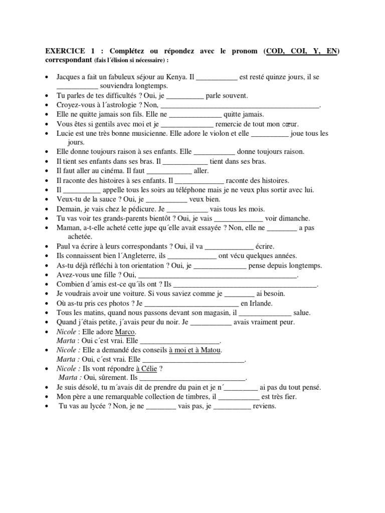 Exercices sur les pronoms en français | PDF | Pronom