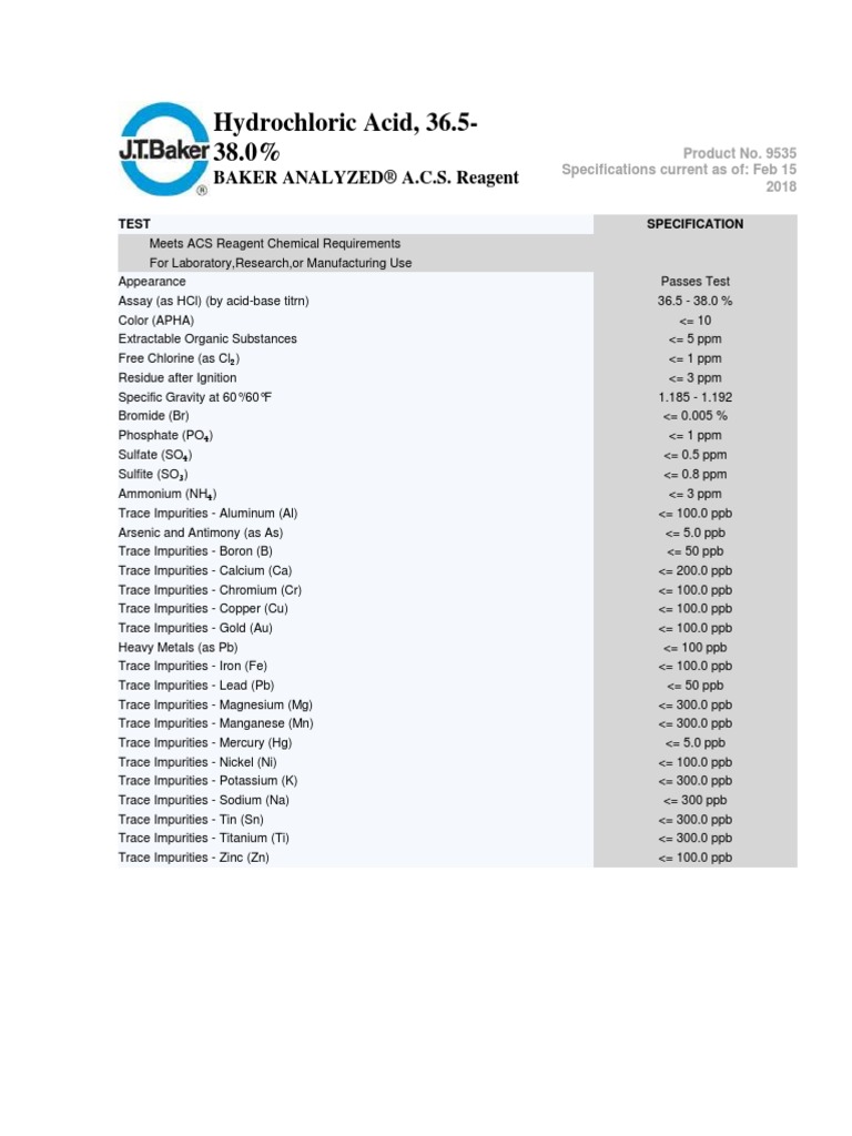 HCL Specs | PDF | Hydrochloric Acid | Manganese
