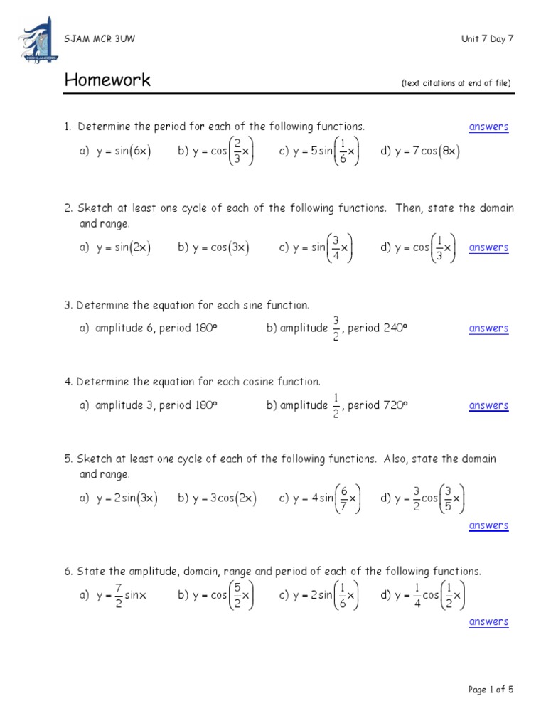 Unit 7 Day 7 - Homework MCR3UW | PDF | Trigonometric Functions | Sine