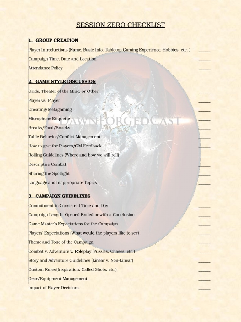 Session Zero Checklist (For Dungeons and Dragons) | PDF