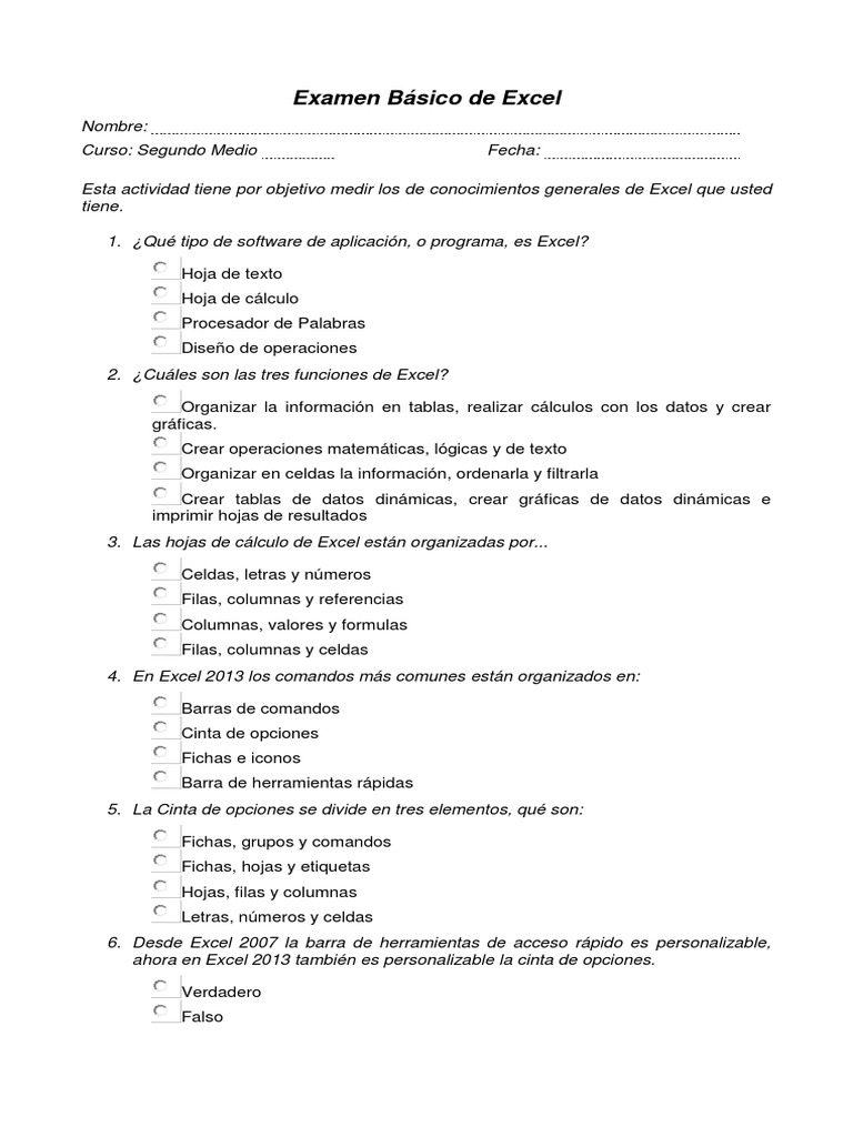 Examen Básico de Excel | PDF | Microsoft Excel | Hoja de cálculo