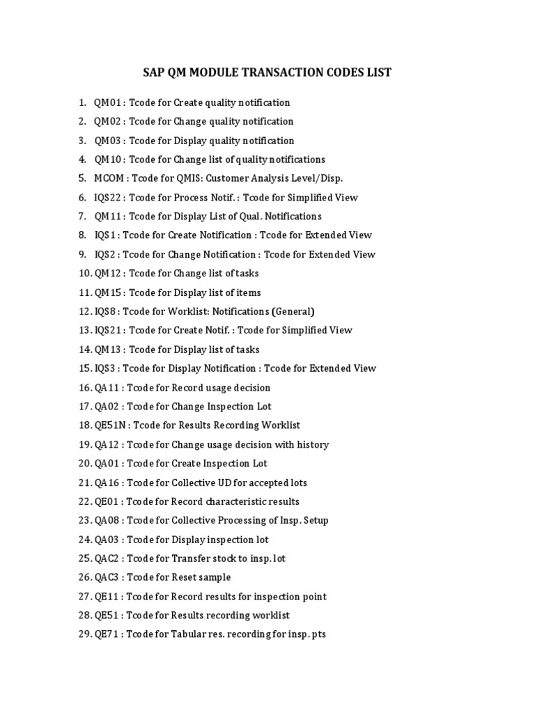 Sap Qm Tcodes Pdf Information Technology Management Computing