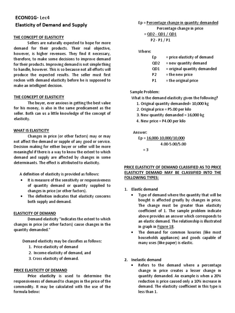 ECON01G - Lec4 - Elasticity of Demand and Supply | PDF | Price ...