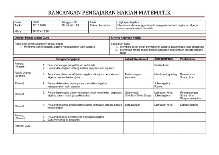 Contoh RPH Matematik | PDF