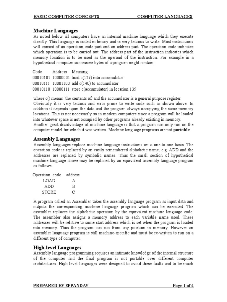 Machine Languages: Basic Computer Concepts Computer Languages | PDF ...