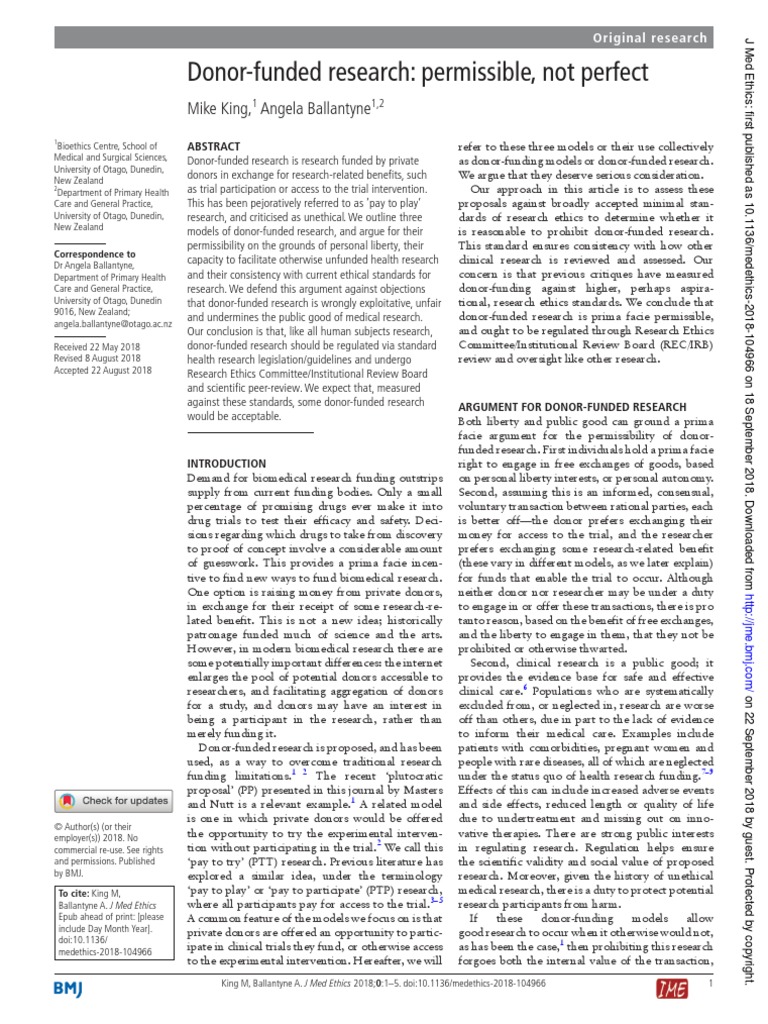 Donor-Funded Research: Permissible, Not Perfect: Mike King, Angela ...