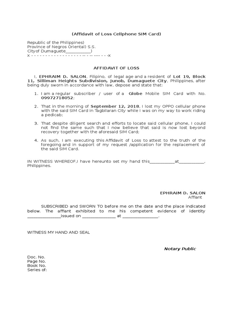 Affidavit of Loss Cellphone SIM Card