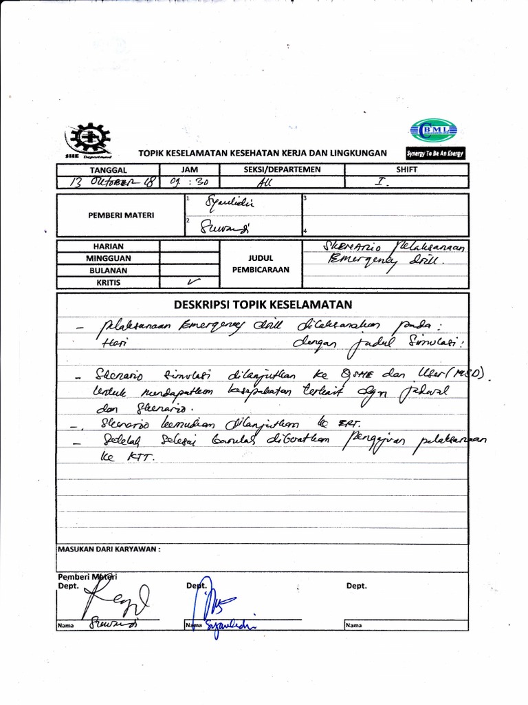 Absensi Meeting Internal Skenario Pelaksanaan Emergency Drill | PDF