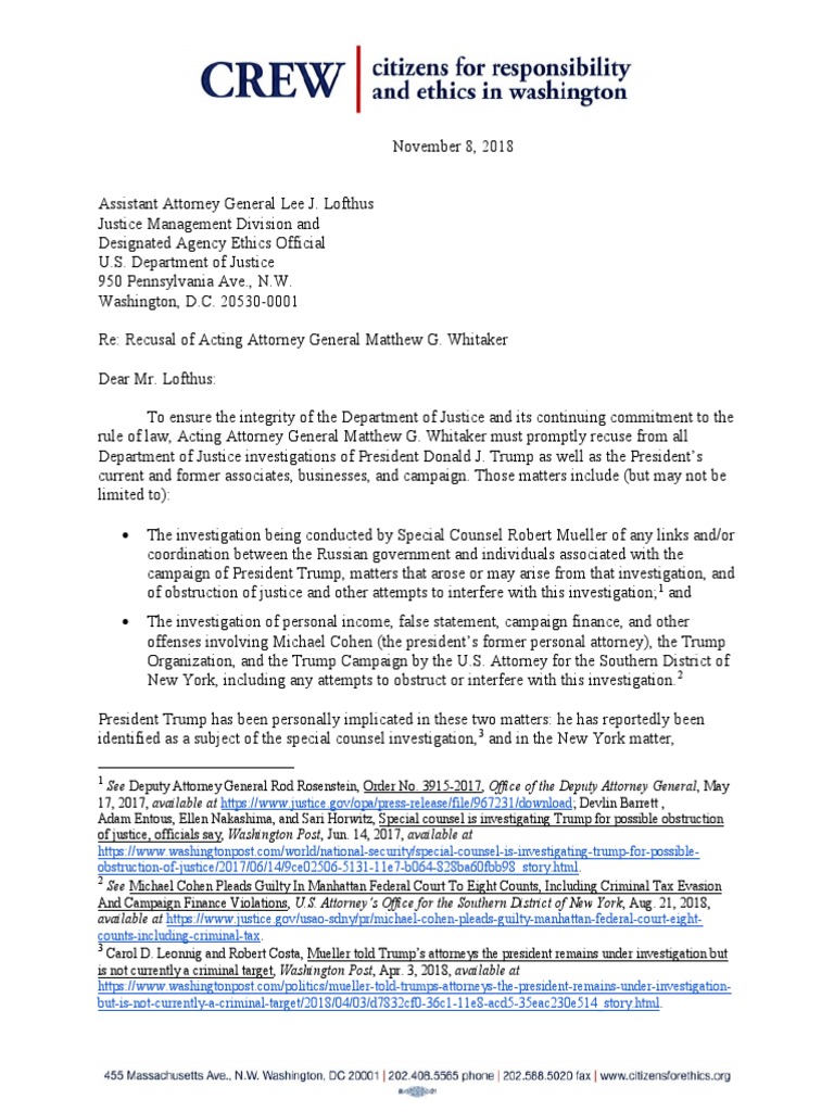 CREW Whitaker Recusal Letter DOJ 11-8-2018 | Donald Trump | United ...