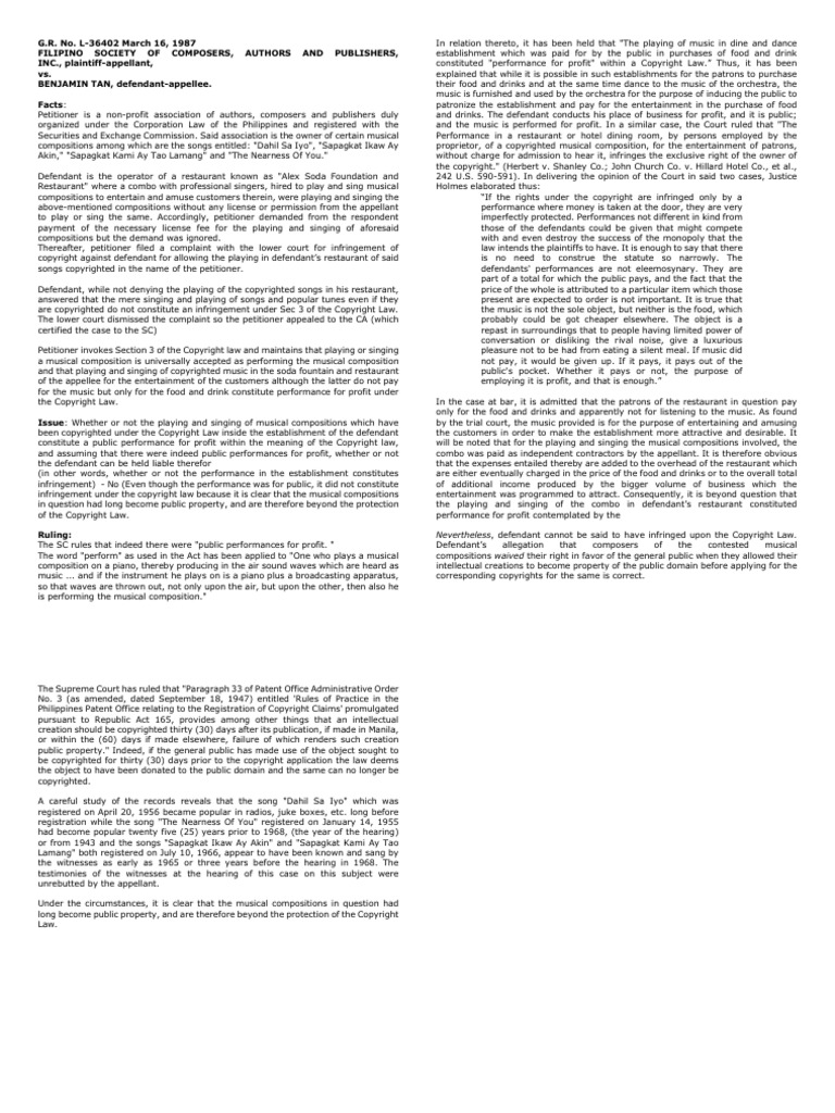 Filscap vs. Tan Digest | PDF | Copyright Infringement | Copyright