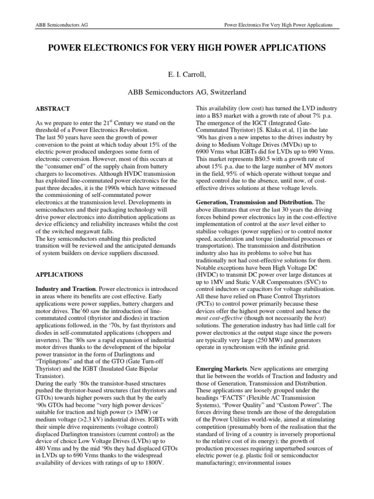 Power Electronics For Very High Power Applications: E. I. Carroll, ABB ...