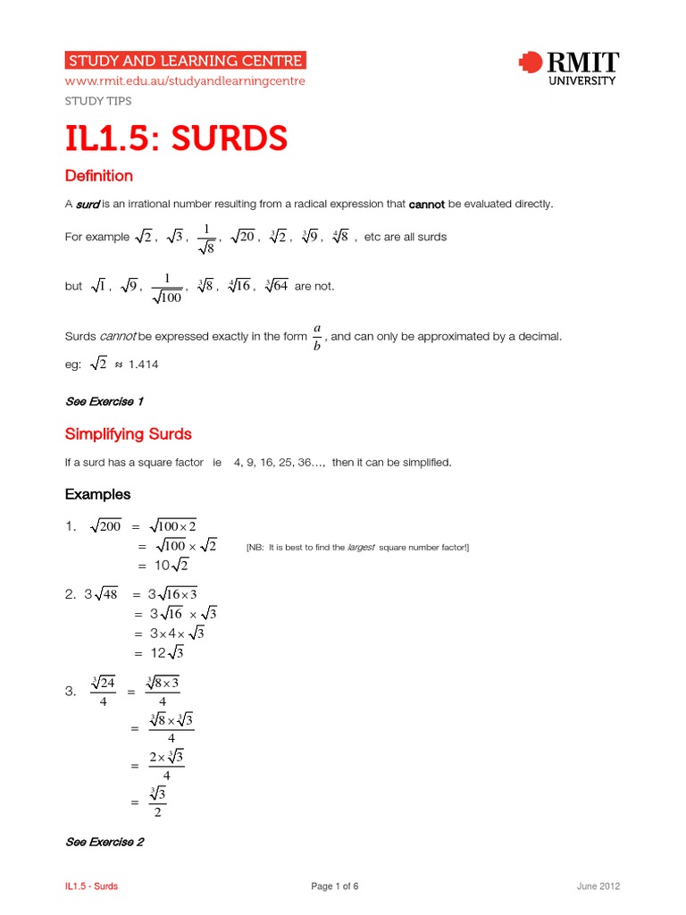 IL1.5: SURDS: Surd For Example, ,, ,, ,, Etc Are All Surds | PDF | Fraction (Mathematics ...