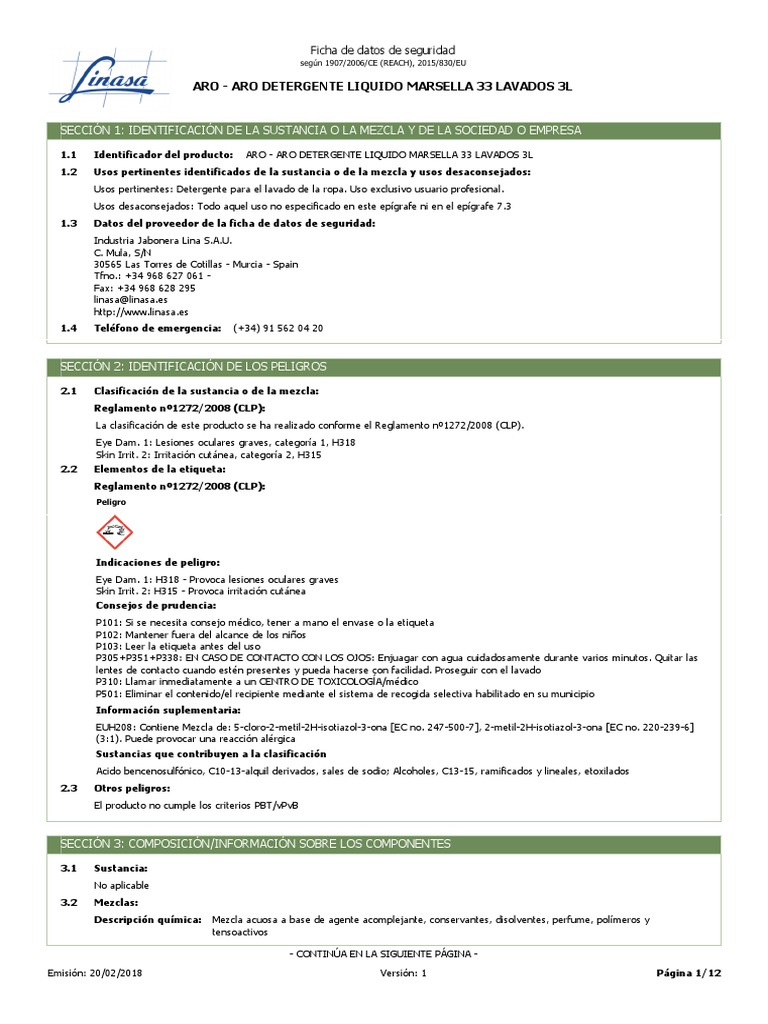 Ficha de datos de seguridad para detergente líquido ARO - ARO DETERGENTE LIQUIDO MARSELLA 33 ...