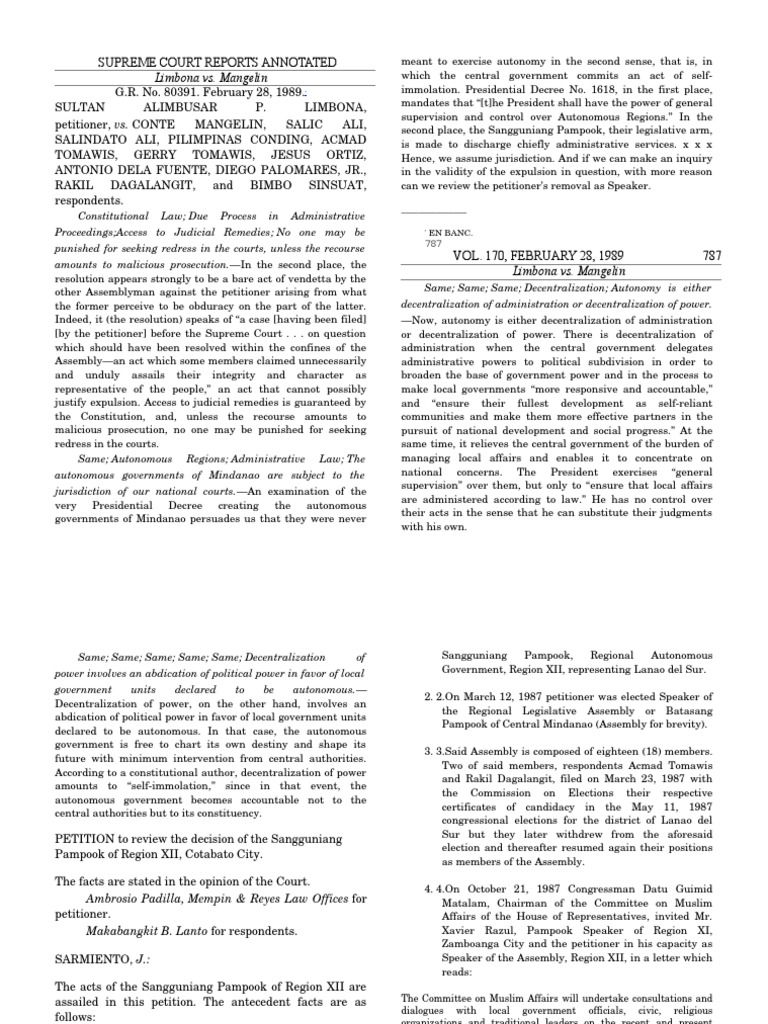 Limbona vs. Mangelin | Download Free PDF | Autonomy | Decree