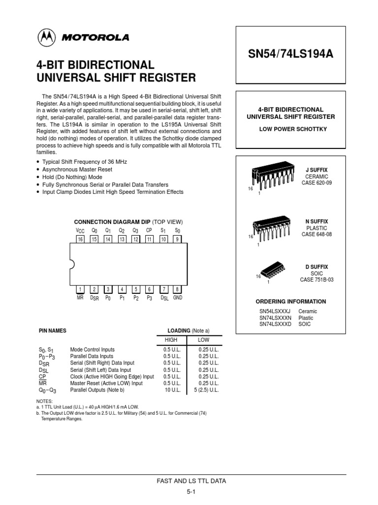 74LS194 Motorola | PDF | Manufactured Goods | Electrical Engineering