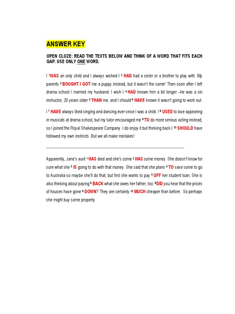 Answer Key - Open Cloze | PDF