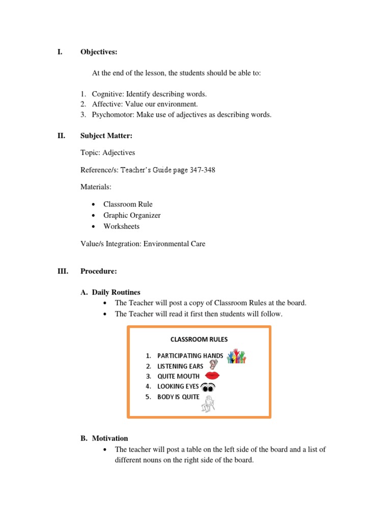 English Semi Detailed Lesson Plan Adjectives As Describing Words | PDF ...