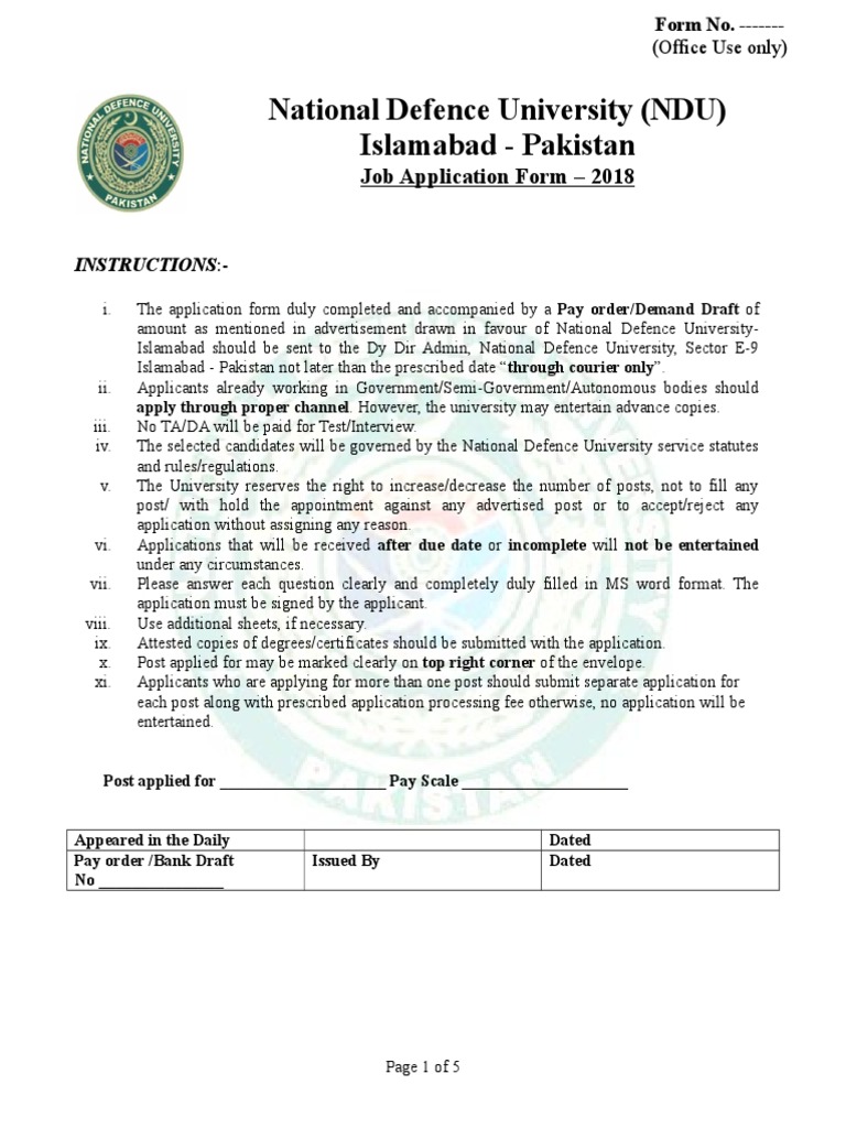 National Defence University (NDU) Islamabad - Pakistan: Job Application ...