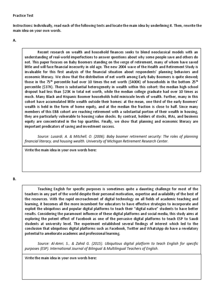 Practice Test - Main Idea | Download Free PDF | Multilingualism | Wealth