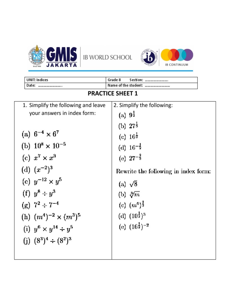 Grade 8 Indices Practice Worksheet | PDF | Career & Growth | Art