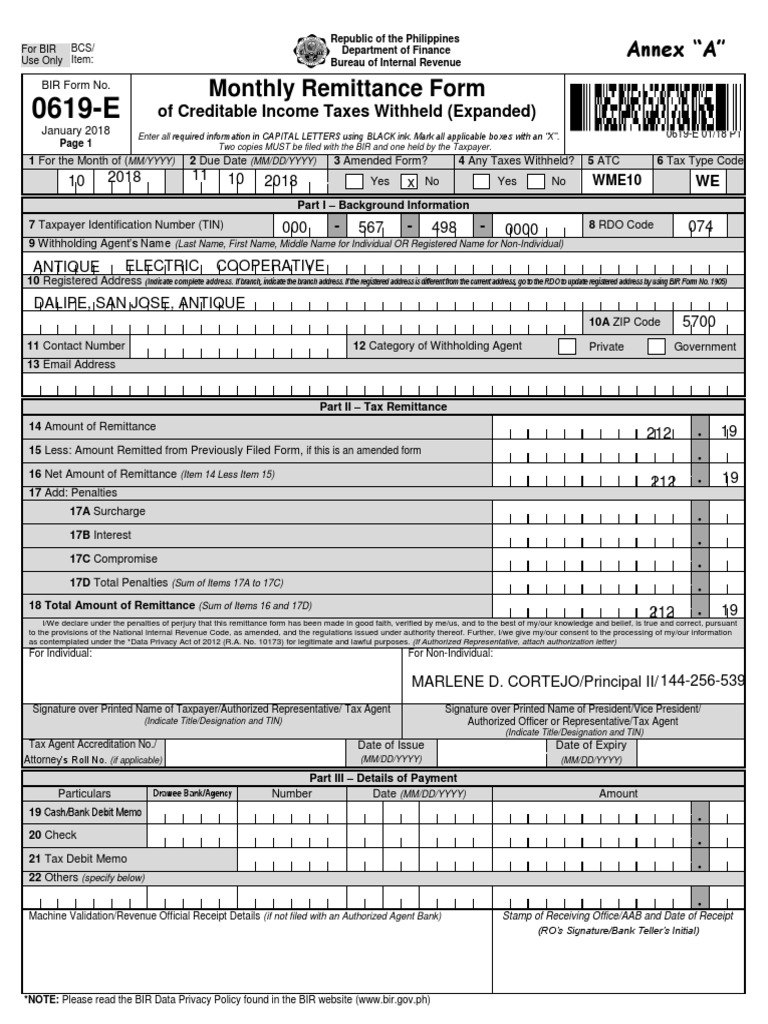 Monthly Tax Remittance Form 0619-E | PDF | Withholding Tax | Payments