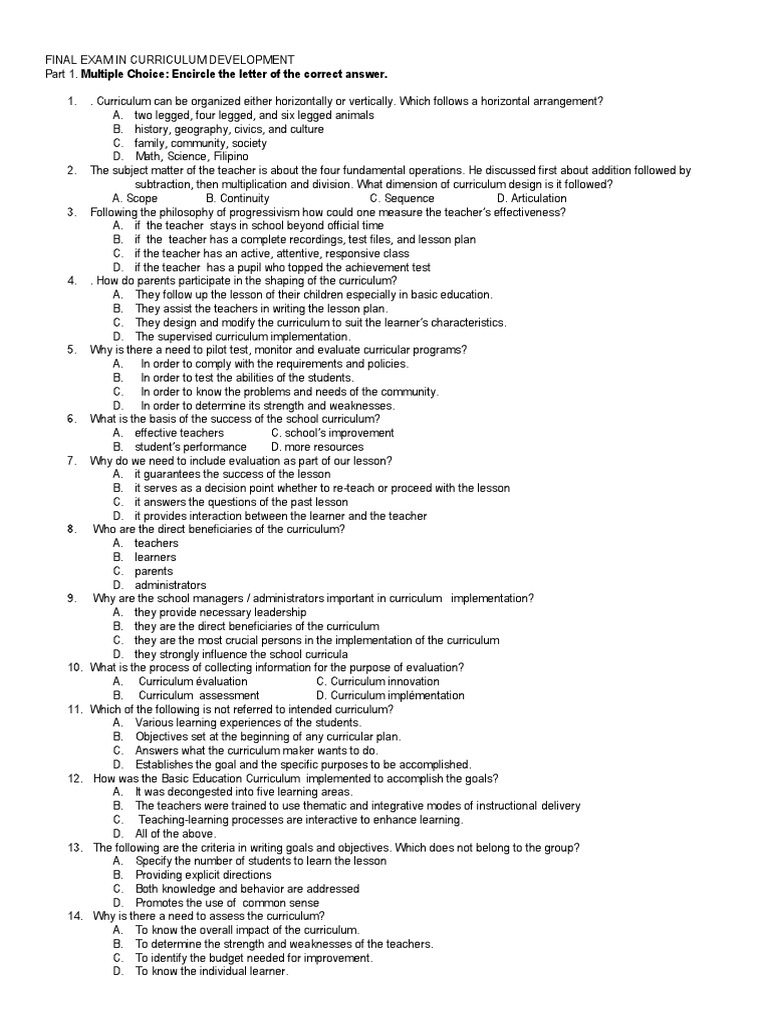 2018 Final Exam in Curriculum Development | PDF | Curriculum | Teachers