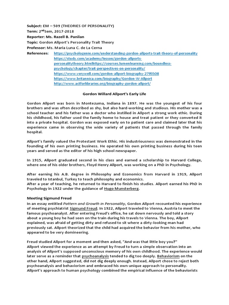 Gordon Allport Report | PDF | Extraversion And Introversion ...
