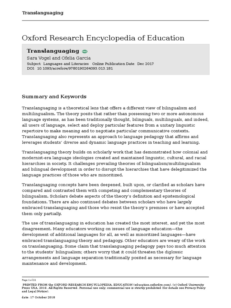 Understanding Translanguaging Theory | PDF | Multilingualism | Second ...