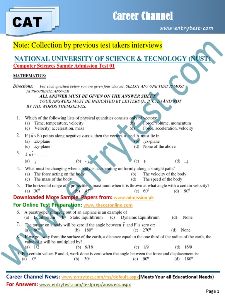 Nust Computer Science Sample Paper 01 | PDF | Electron | Acceleration