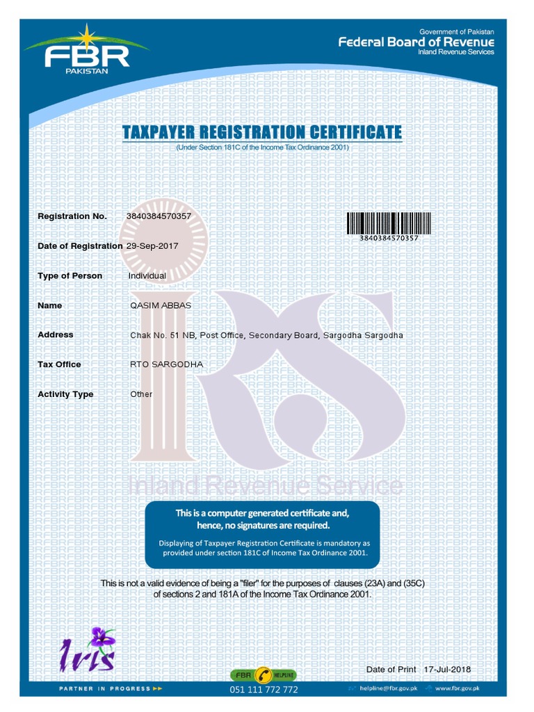 Tax Registration Details Sargodha | PDF