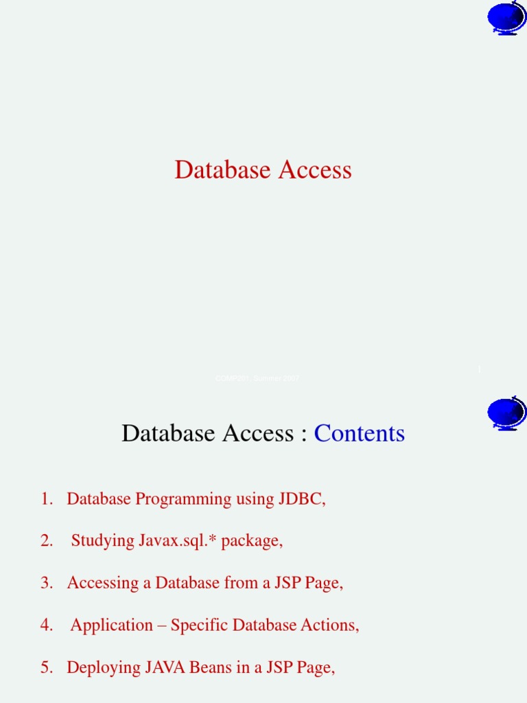 Database Access: COMP201, Summer 2007 | PDF | Computing Platforms | Databases