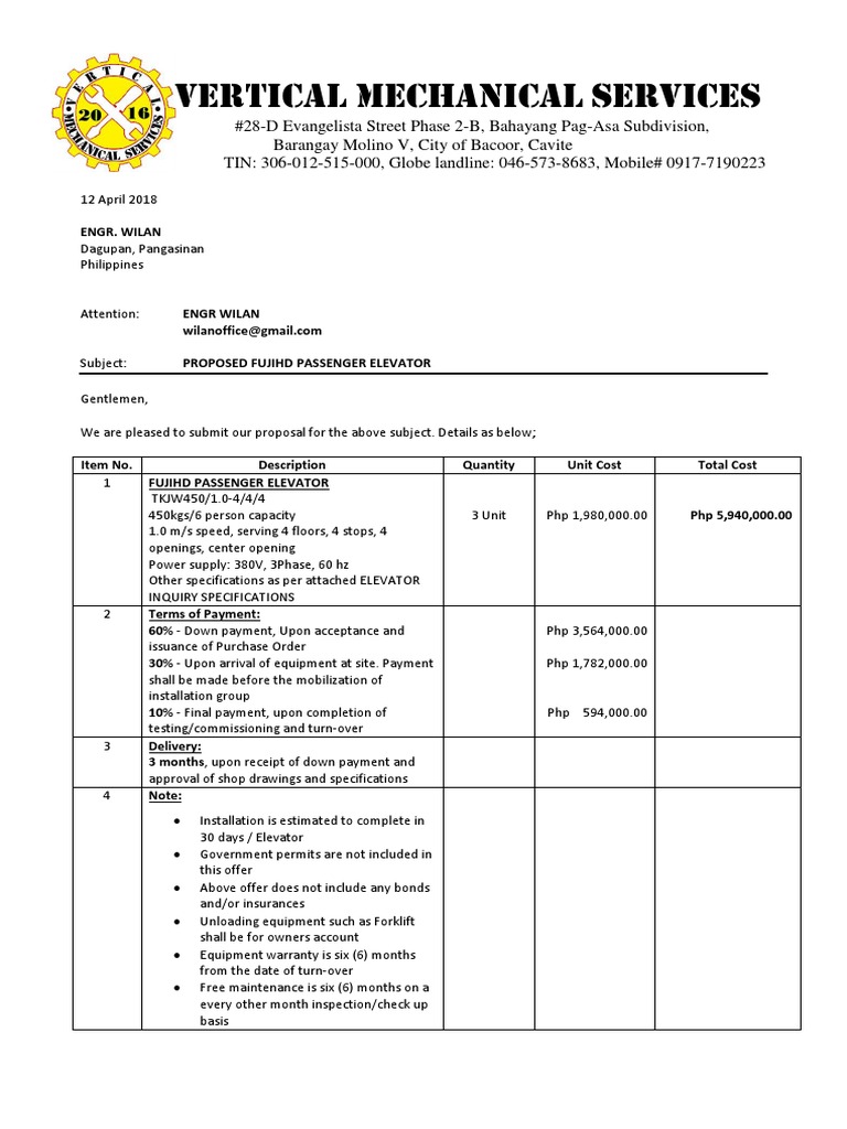 VMS Quotation FUJI | PDF | Elevator | Building Engineering