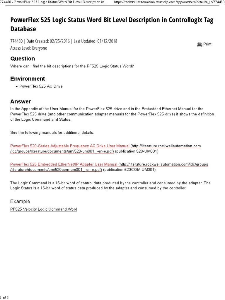 PowerFlex 525 Logic Status Word Bit Level Description in Controllogix Tag Database | PDF ...