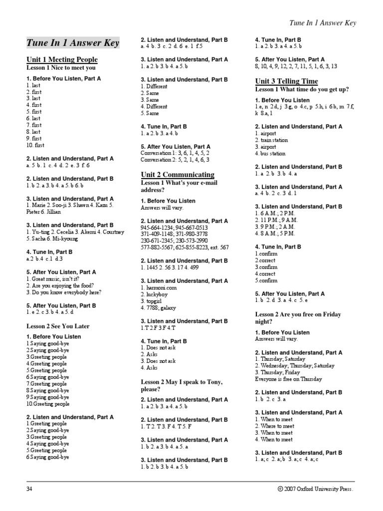 Tune in 1 Teacher's Book Answer Key PDF | PDF | Leisure