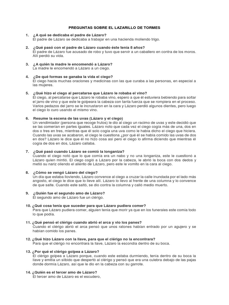 Preguntas Sobre El Lazarillo de Tormes | PDF | Vino